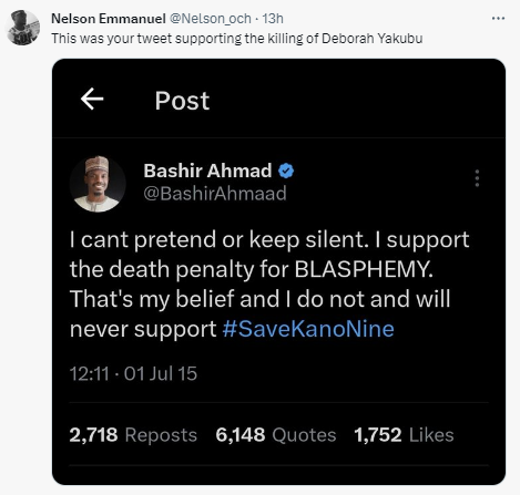 Nigerians dig up old tweet where Bashir Ahmad supported death penalty for blasphemy after he ...