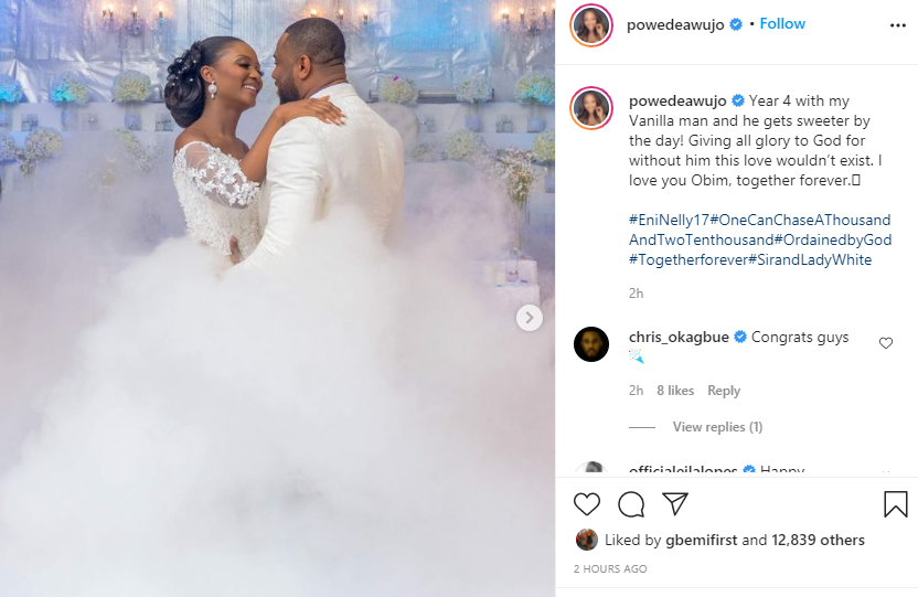 Powede Awujo celebrates 4th wedding anniversary with husband, Ikenna