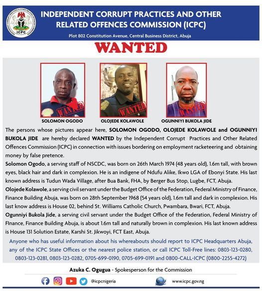 ICPC declares Budget Office workers and NSCDC official wanted for job ...