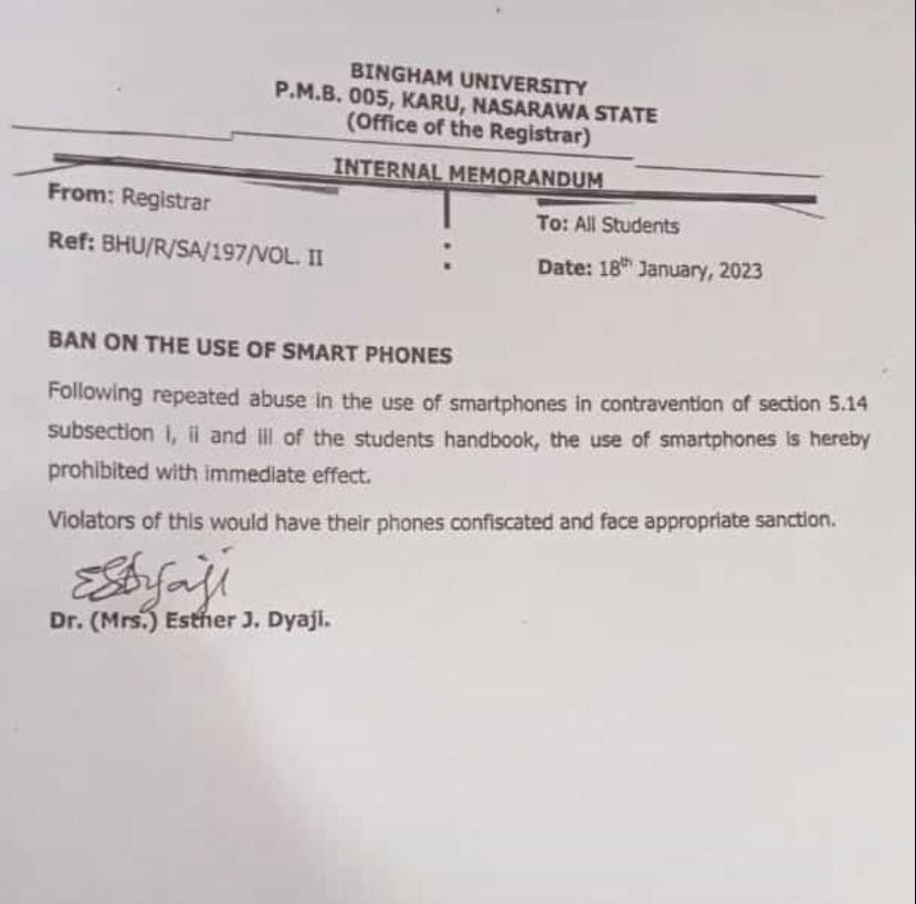 Bingham University in Nasarawa bans students from using smart phones on ...