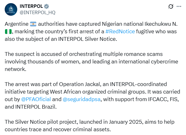 INTERPOL arrests Nigerian man in Argentina over multi-country romance scam